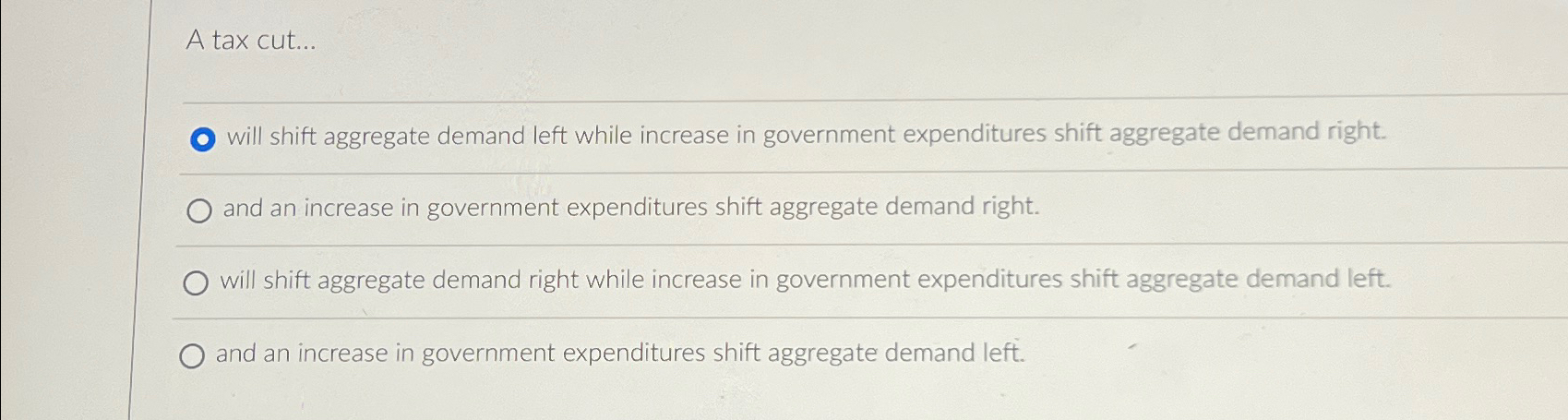 Solved A tax cut...will shift aggregate demand left while | Chegg.com