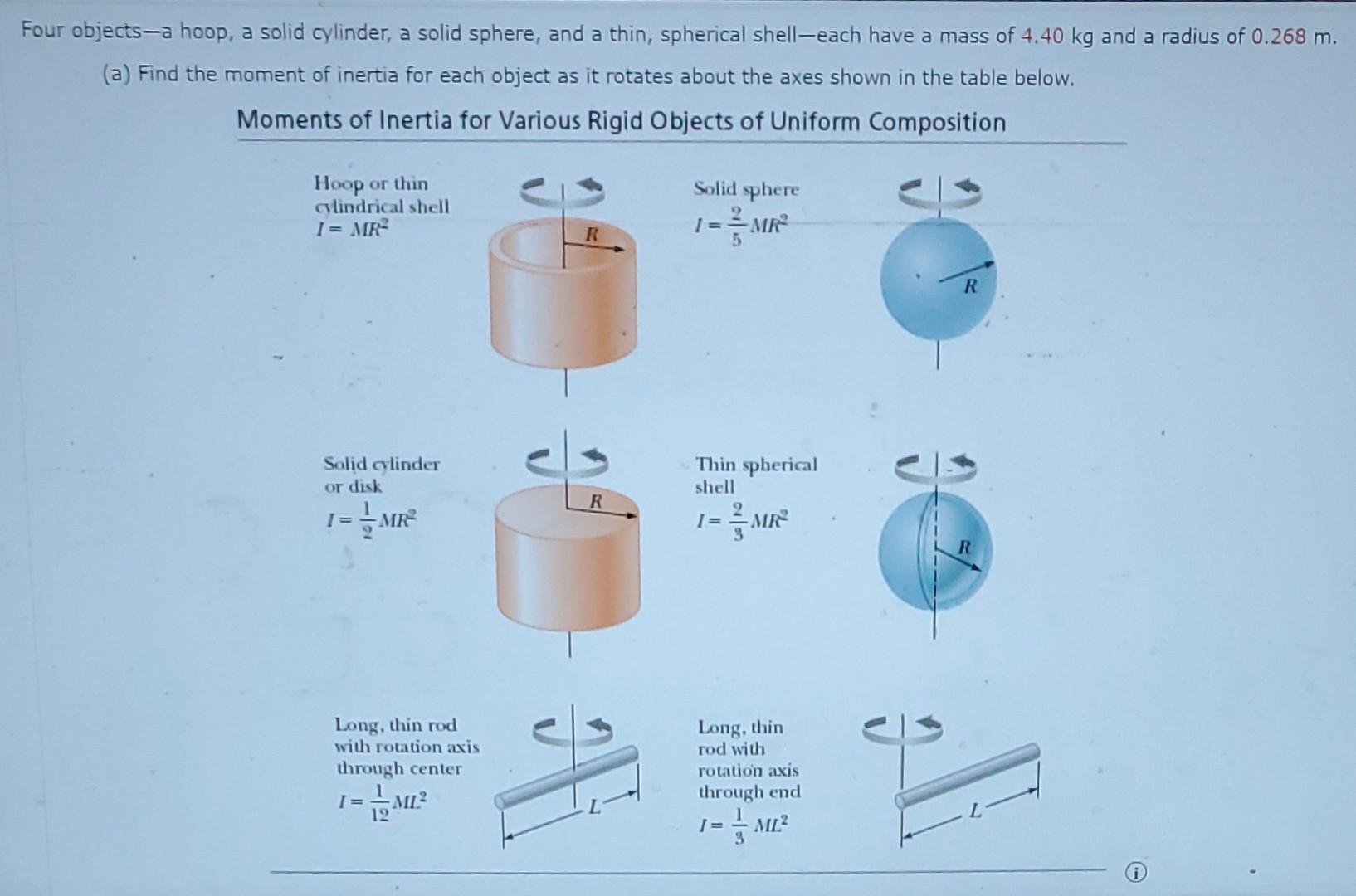 Solved Four objects-a hoop, a solid cylinder, a solid | Chegg.com