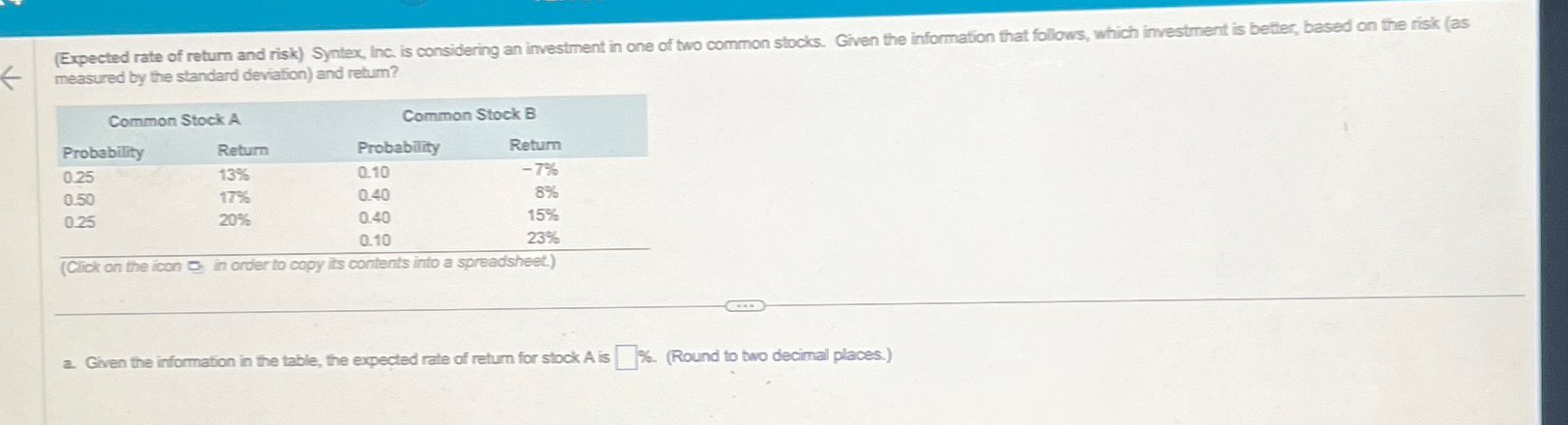 Solved (Expected rate of retum and risk) ﻿Syntex, Inc, is | Chegg.com
