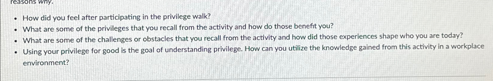 Solved How did you feel after participating in the privilege | Chegg.com