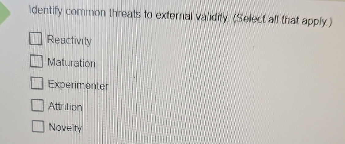 Solved Identify common threats to external validity. (Select | Chegg.com