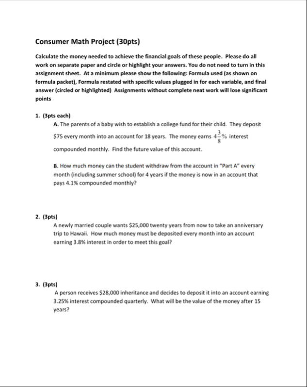 Consumer Math Project (30pts)Calculate the money | Chegg.com
