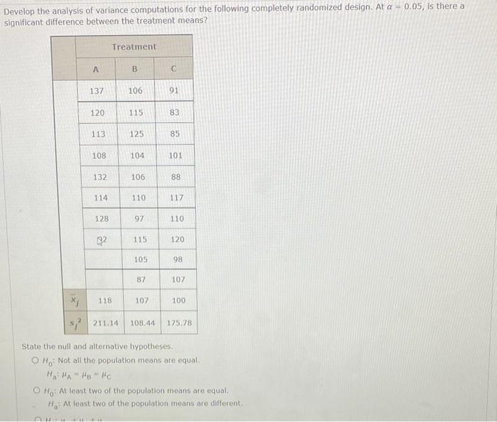 Solved Develop the analysis of variance computations for the | Chegg.com