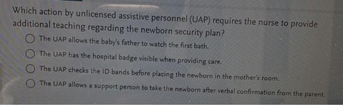 Solved Which action by unlicensed assistive personnel (UAP) | Chegg.com