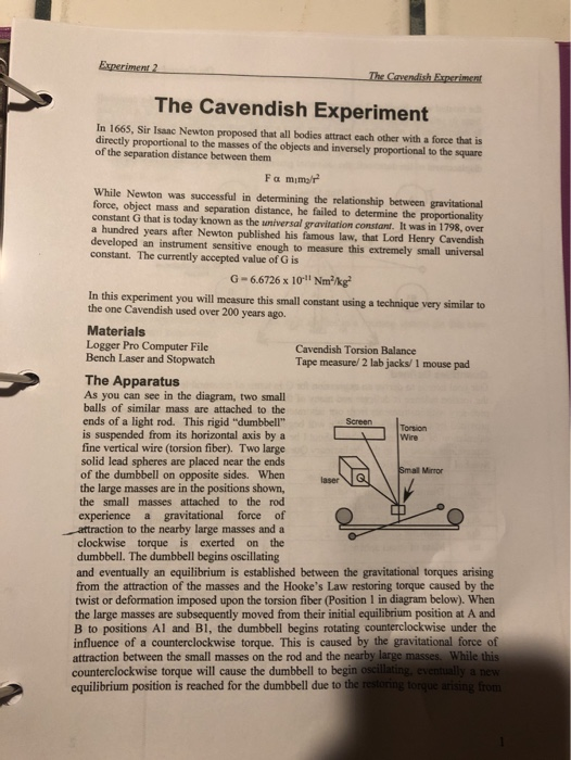 Solved Experiment 2 The Cavendish Esperiment The Cavendish | Chegg.com