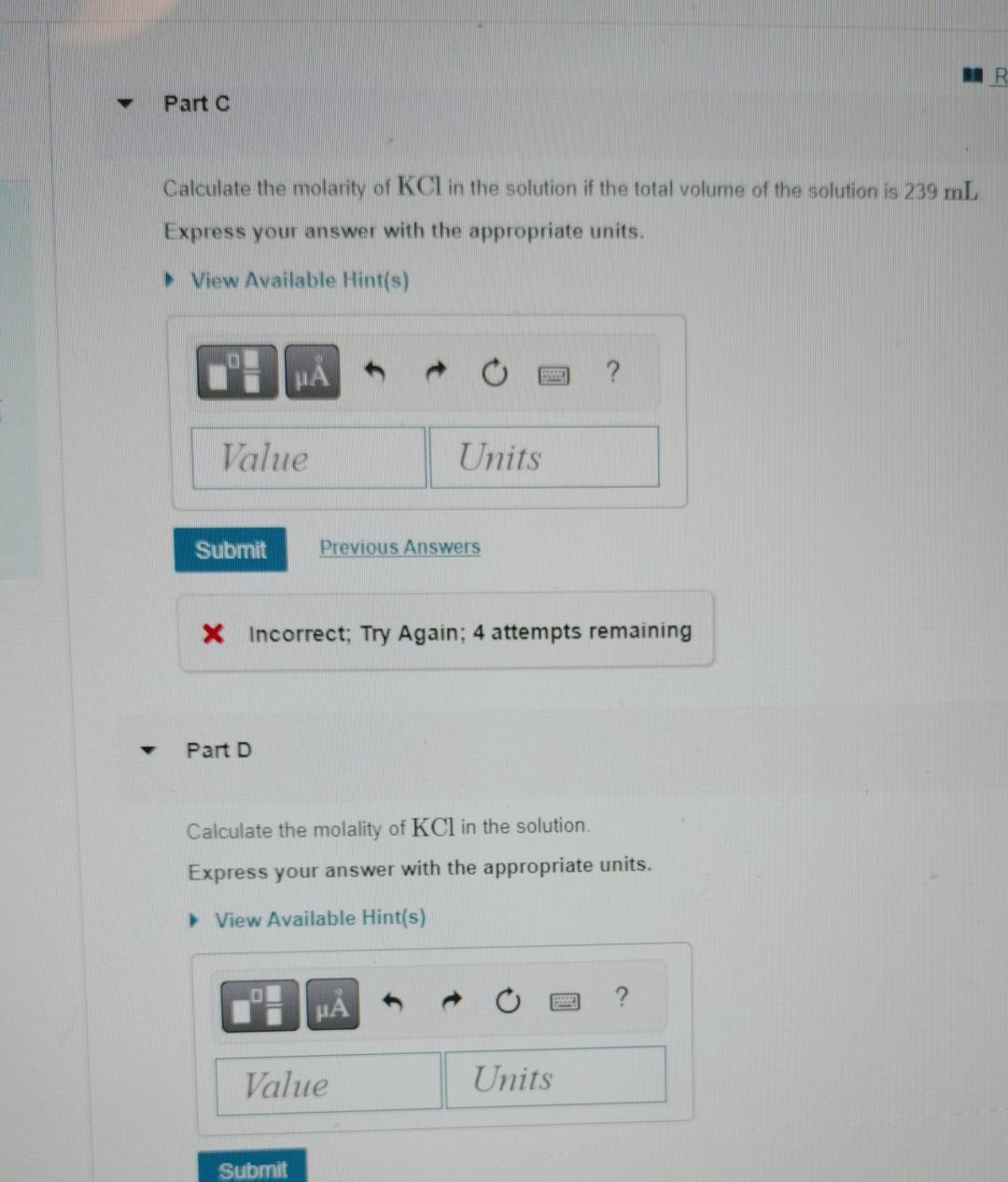 Solved Calculate the molarity of KCl in the solution if the | Chegg.com