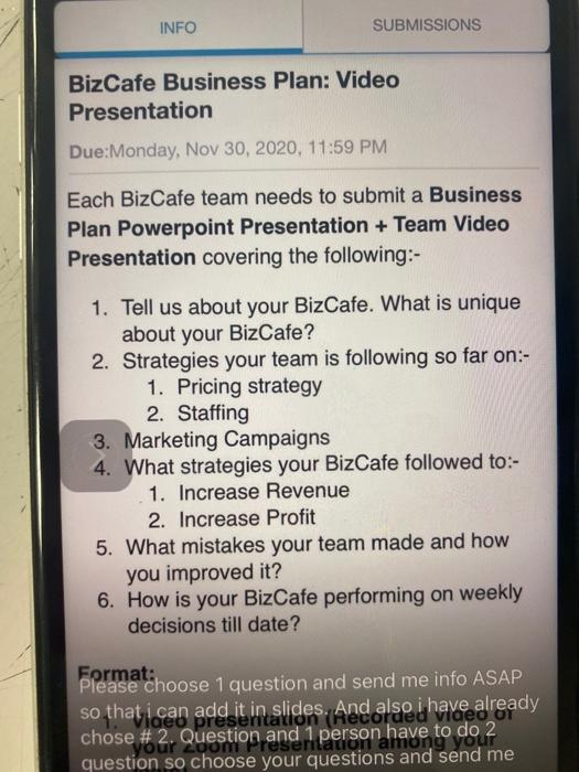 Solved INFO SUBMISSIONS BizCafe Business Plan: Video | Chegg.com