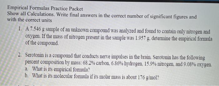 Solved Empirical Formulas Practice Packet Show all | Chegg.com