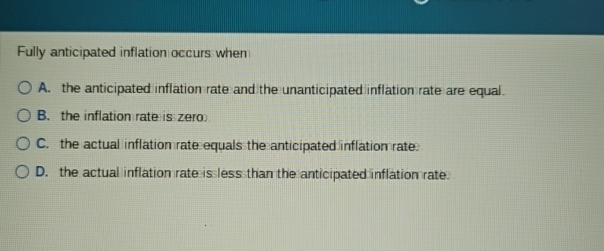 Solved Fully anticipated inflation occurs whenA. ﻿the | Chegg.com