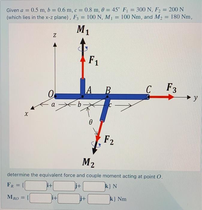 Solved Given a=0.5 m,b=0.6 m,c=0.8 m,θ=45∘F1=300 N,F2=200 N | Chegg.com