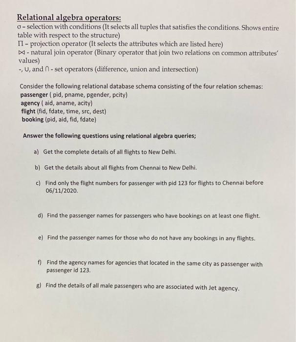 Solved Relational algebra operators: σ - selection with | Chegg.com