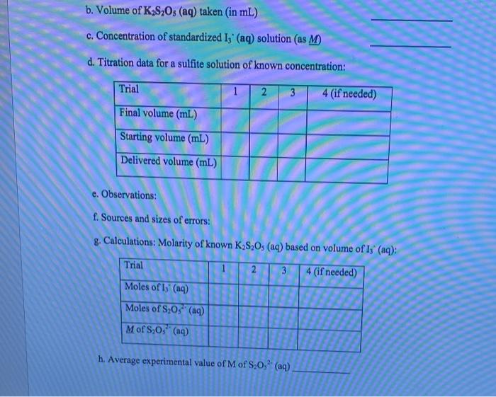 b. Volume of K2 S2O5 (aq) taken (in mL ) c. | Chegg.com