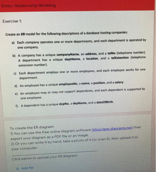 Solved Entity Relationship Modeling. please answer all | Chegg.com