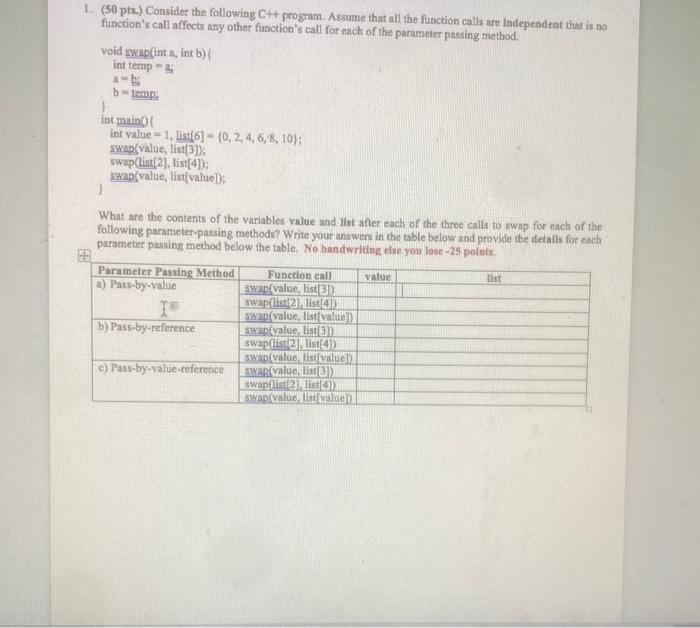 Solved 1. (50 pts.) Consider the following C++ program. | Chegg.com