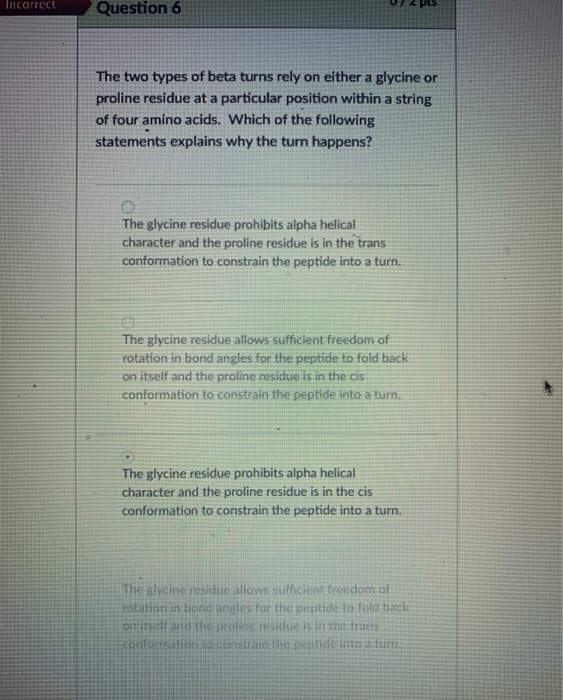Solved Incorrect Question 6 The two types of beta turns rely | Chegg.com