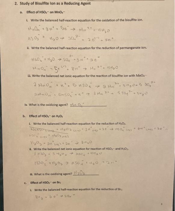 Solved 2. Study of Bisulfite lon as a Reducing Agent a. | Chegg.com
