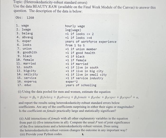 Solved Topic: (Heteroskedasticity-robust standard errors) | Chegg.com