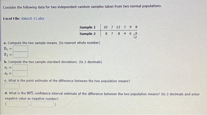 Solved Consider The Following Data For Two Independent