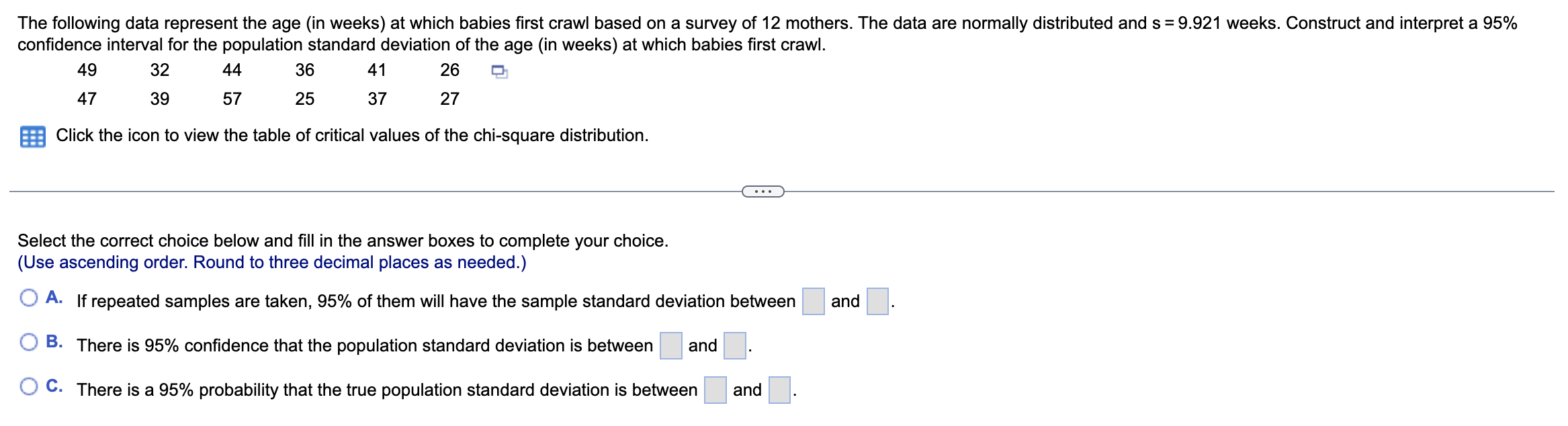 Solved The following data represent the age (in weeks) ﻿at | Chegg.com