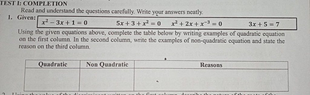 Solved TEST I: COMPLETION Read and understand the questions | Chegg.com