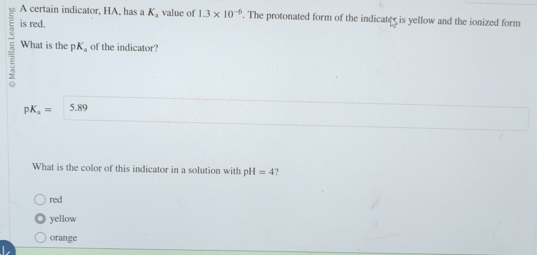 A certain indicator, HA, ﻿has a Ka ﻿value of | Chegg.com