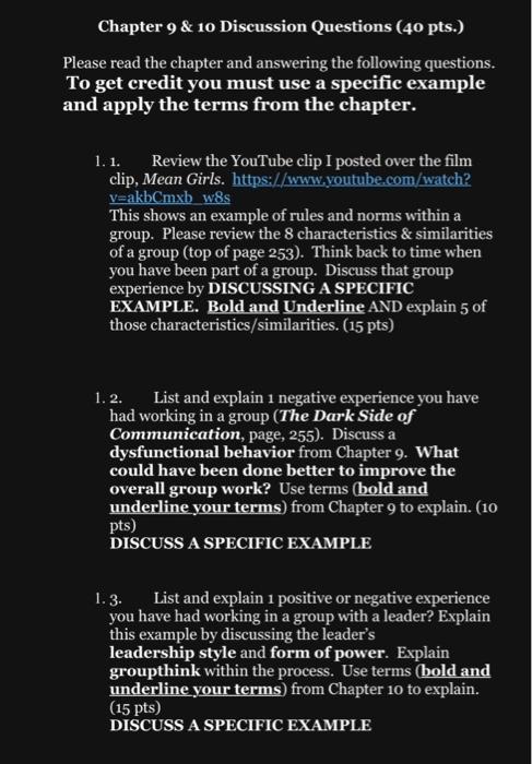 Chapter 9 \& 10 Discussion Questions (40 pts.) Please | Chegg.com