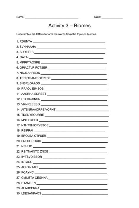 Solved Name: Date: Activity 3 - Biomes Unscramble the | Chegg.com