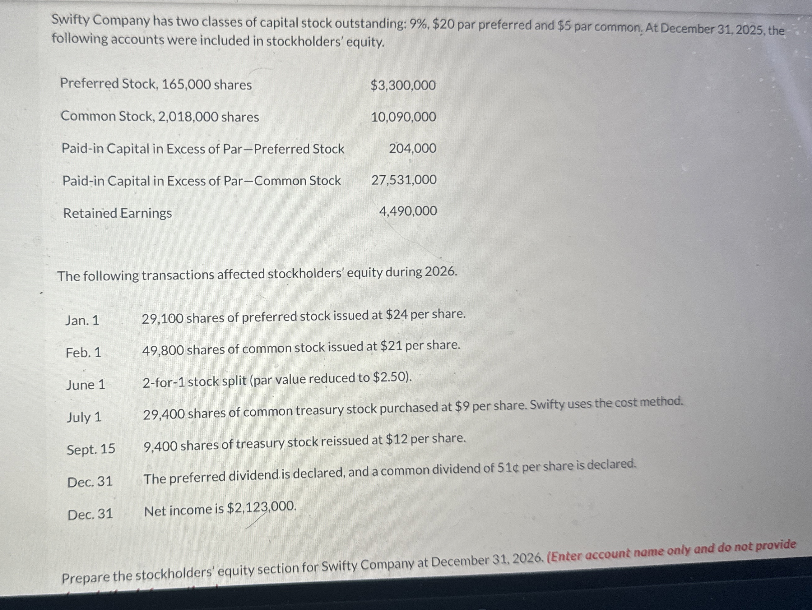 Solved Swifty Company has two classes of capital stock | Chegg.com