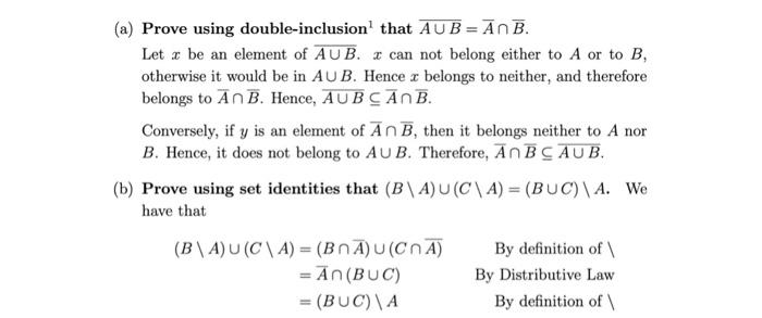 Solved (a) Prove using double-inclusion that AUB=AN B. Let o | Chegg.com