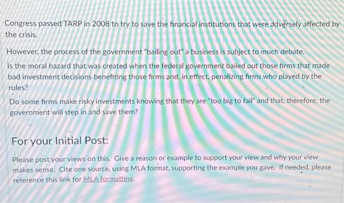 Solved Congress passed TARP in 2008 to try to save the | Chegg.com