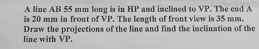 A line AB 55 mm long is in HP and inclined to VP. The | Chegg.com