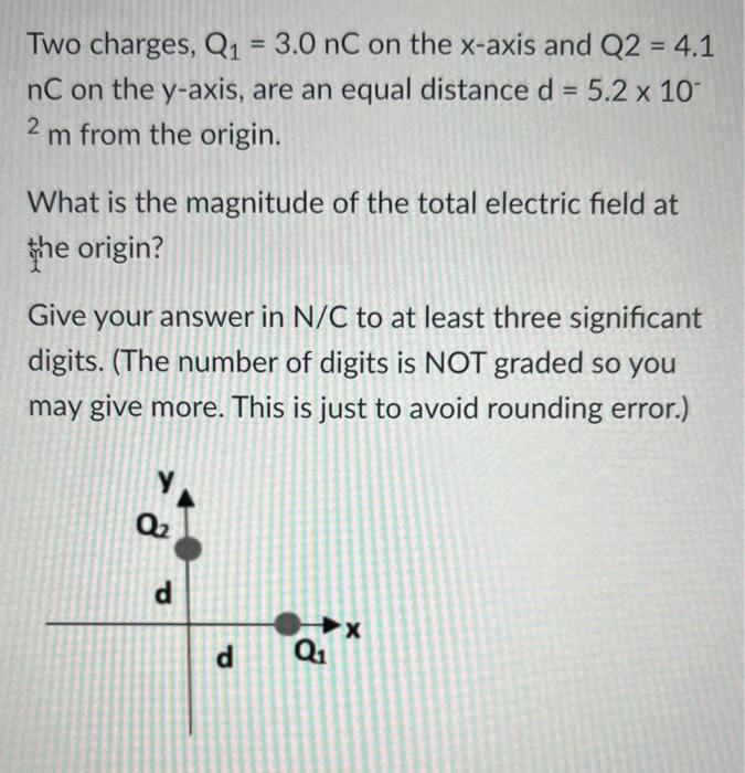 Solved Two charges, Q1=3.0nC on the x-axis and Q2=4.1 nC on | Chegg.com