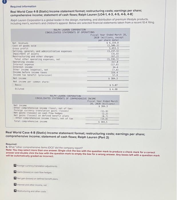 Solved Real World Case 4-8 (Static) Income statement format; | Chegg.com