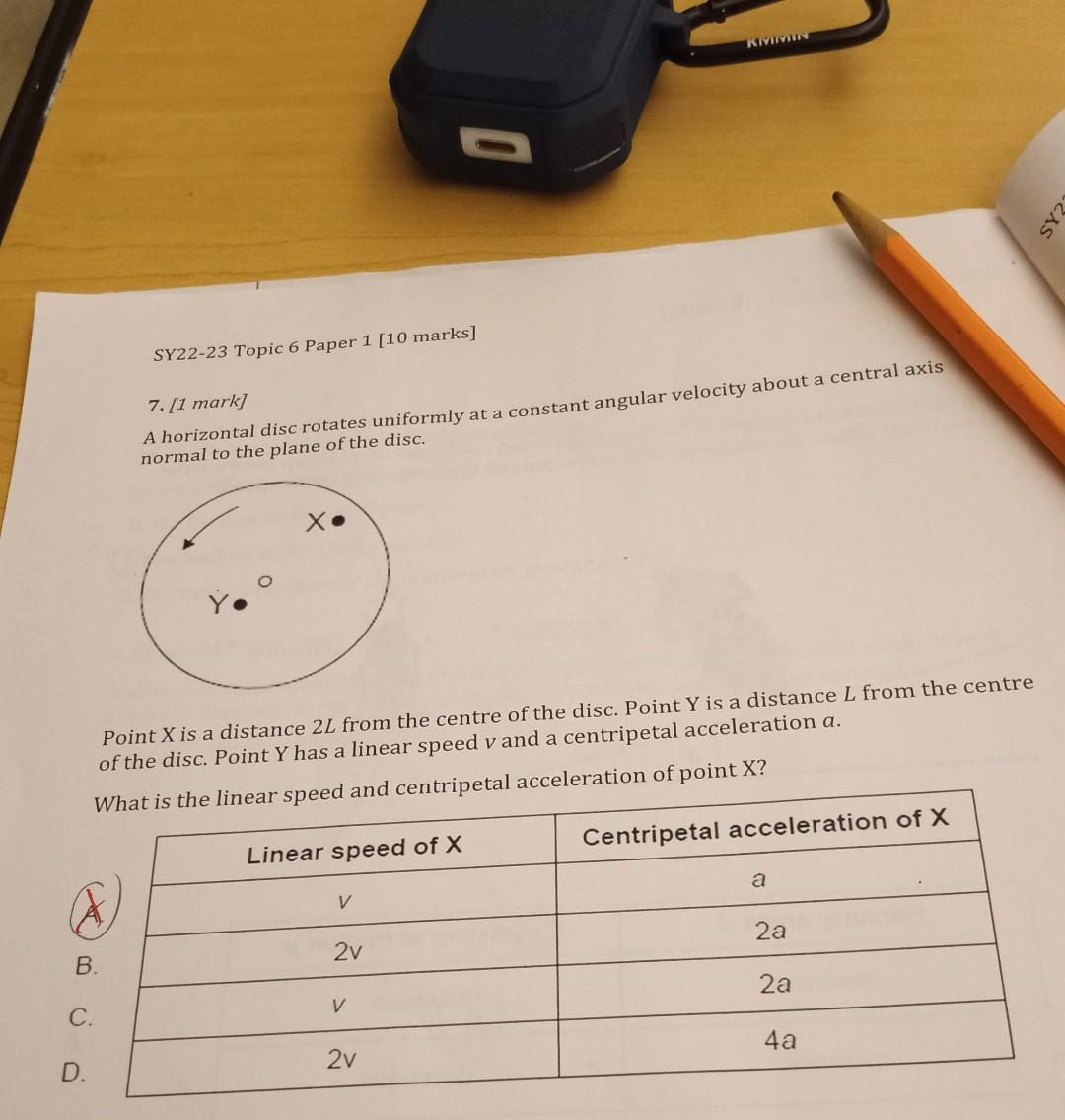 Solved 7. [1 mark] A horizontal disc rotates uniformly at a | Chegg.com