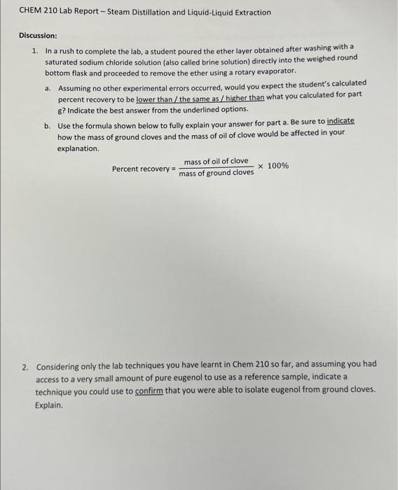 CHEM 210 Lab Report - Steam Distillation and | Chegg.com