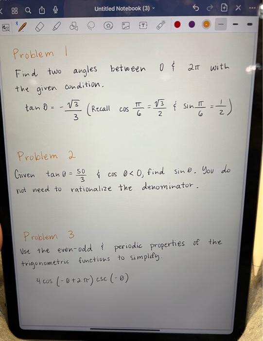 Solved Problem Find two angles between 0⩽2π with the given | Chegg.com