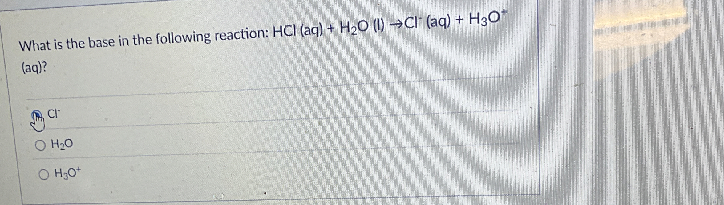 Solved What is the base in the following reaction: | Chegg.com
