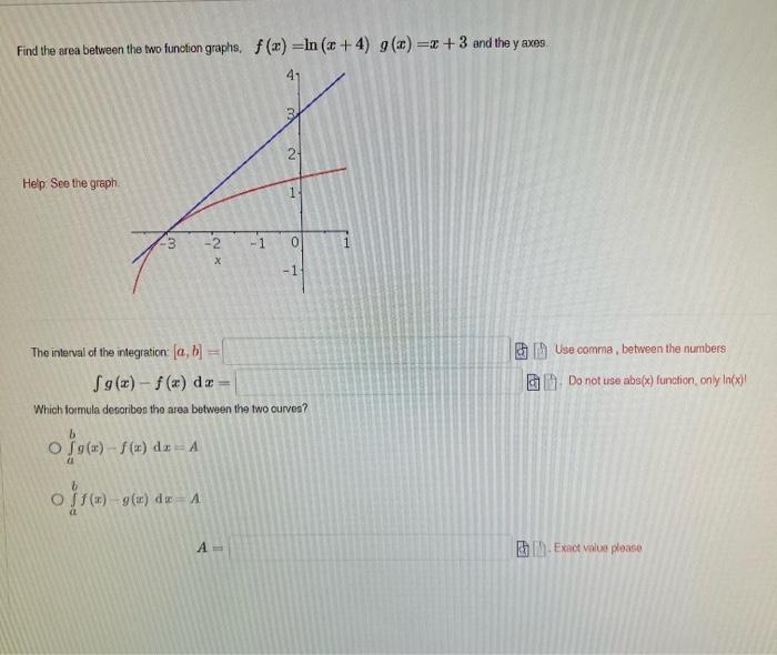 Solved Find the area between the two function graphs, | Chegg.com