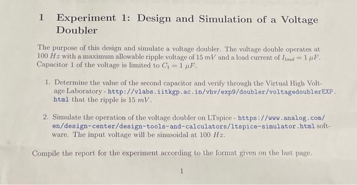 1 Experiment 1: Design and Simulation of a Voltage | Chegg.com