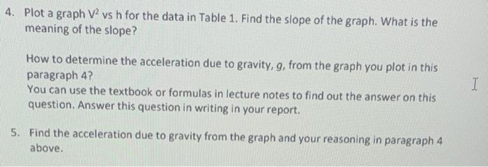 Solved 4. Plot a graph V2 vs h for the data in Table 1. Find | Chegg.com