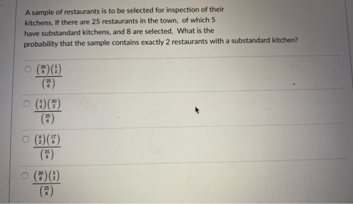 Solved A sample of restaurants is to be selected for | Chegg.com