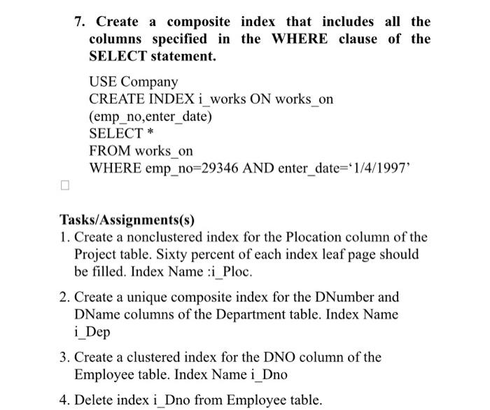 Solved Following are examples and syntax of index: 1. Create | Chegg.com
