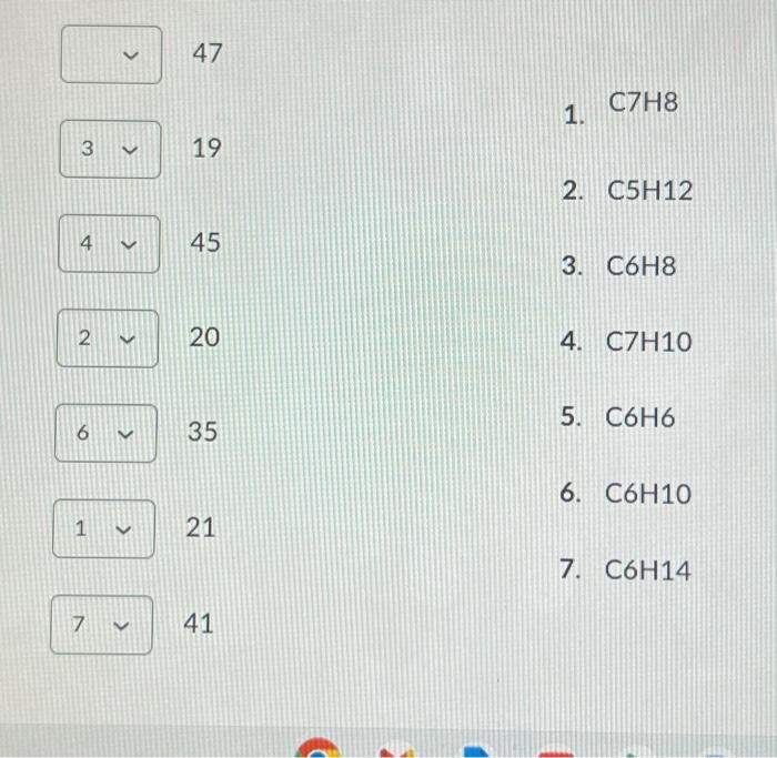 Solved 47 3∼19 1. C7H8 4∼45 2. C5H12 3. C6H8 2×20 4. C7H10 | Chegg.com