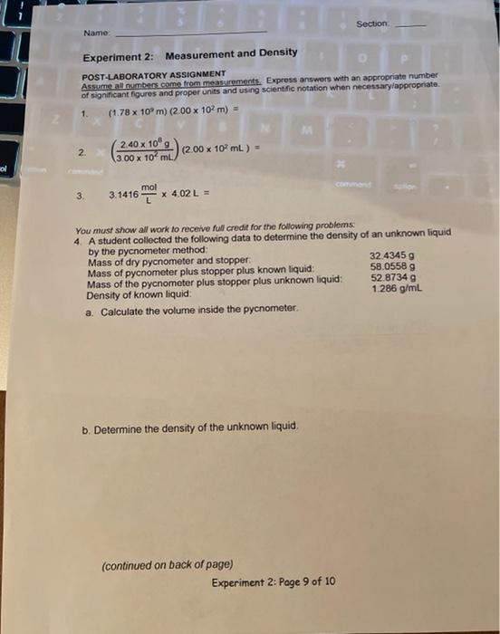 Solved Section Name Experiment 2: Measurement and Density | Chegg.com