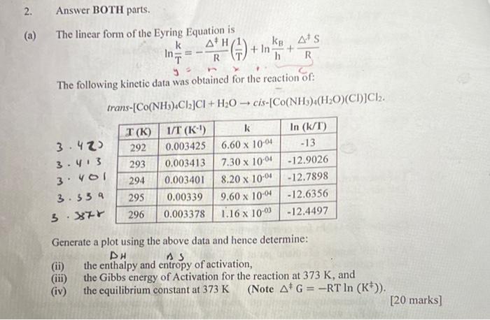 Solved (a) The linear form of the Eyring Equation is \\[ | Chegg.com