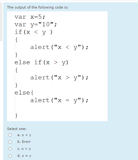 Solved The Output Of The Following Code Isvar Y10if