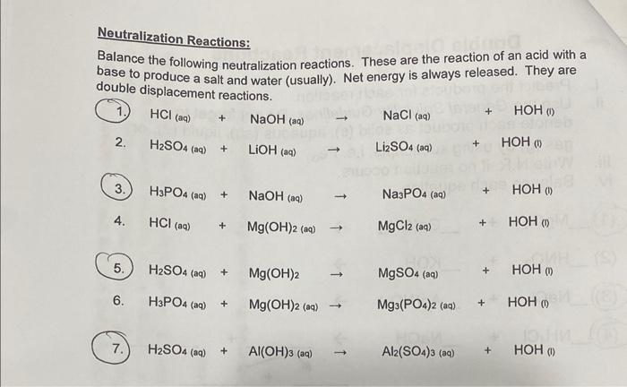Solved Neutralization Reactions: Balance the following | Chegg.com