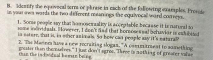 Solved B. Identify the equivocal term or phrase in each of | Chegg.com