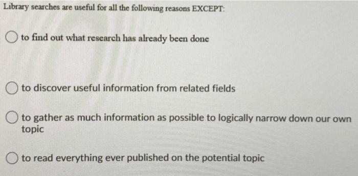 Solved Library searches are useful for all the following | Chegg.com