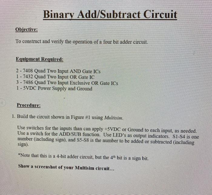 Binary Add/Subtract Circuit Objective: To construct | Chegg.com